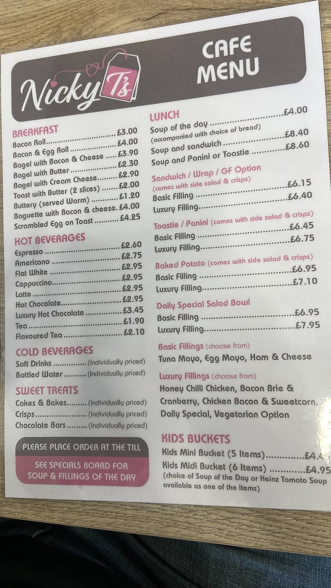Menu at Nicky T's cafe, Oldmeldrum