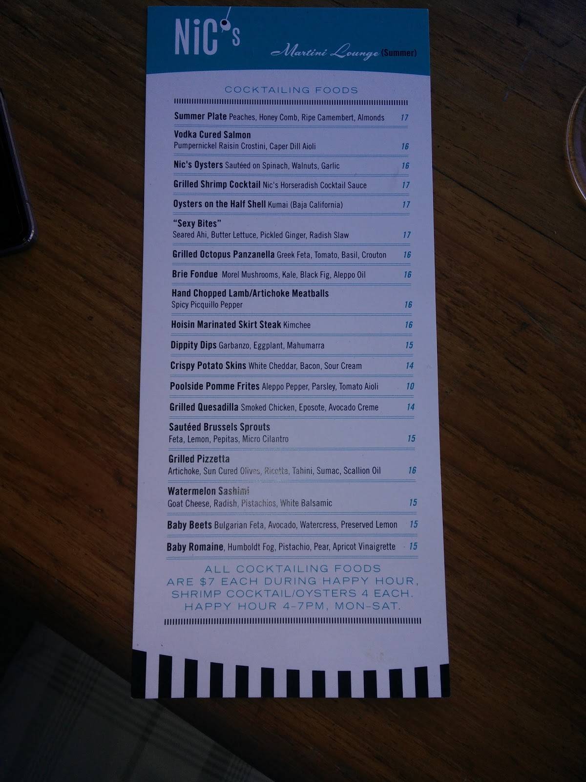Menu at Nic's pub & bar, Beverly Hills