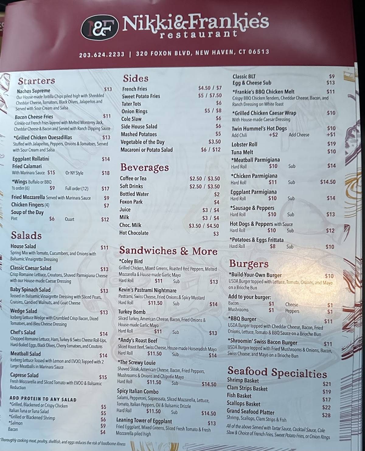 Menu at Nikki & Frankie's restaurant, New Haven