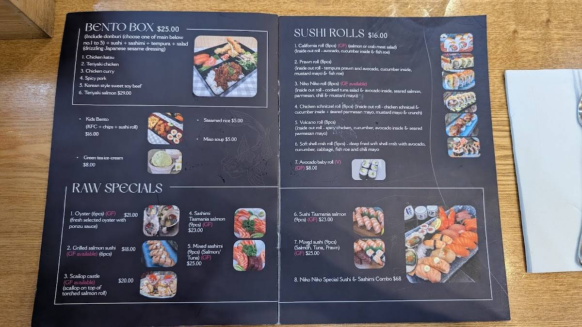 Menu at Niko Niko Echuca restaurant, Echuca