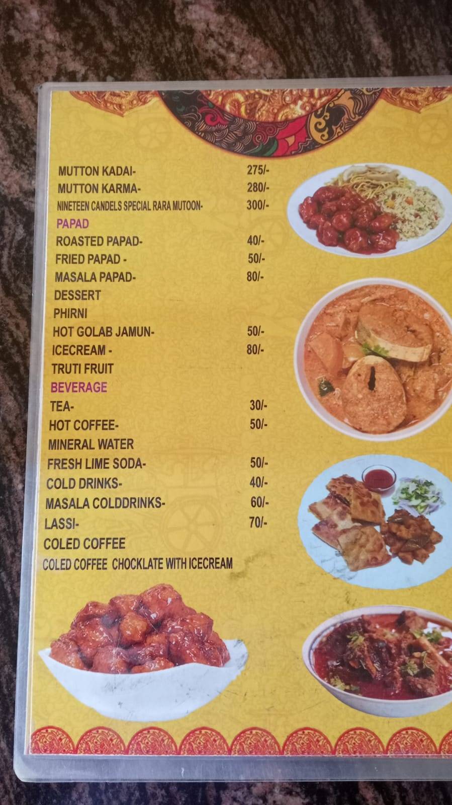 Menu at Nineteen Candles Restaurant, Berhampore