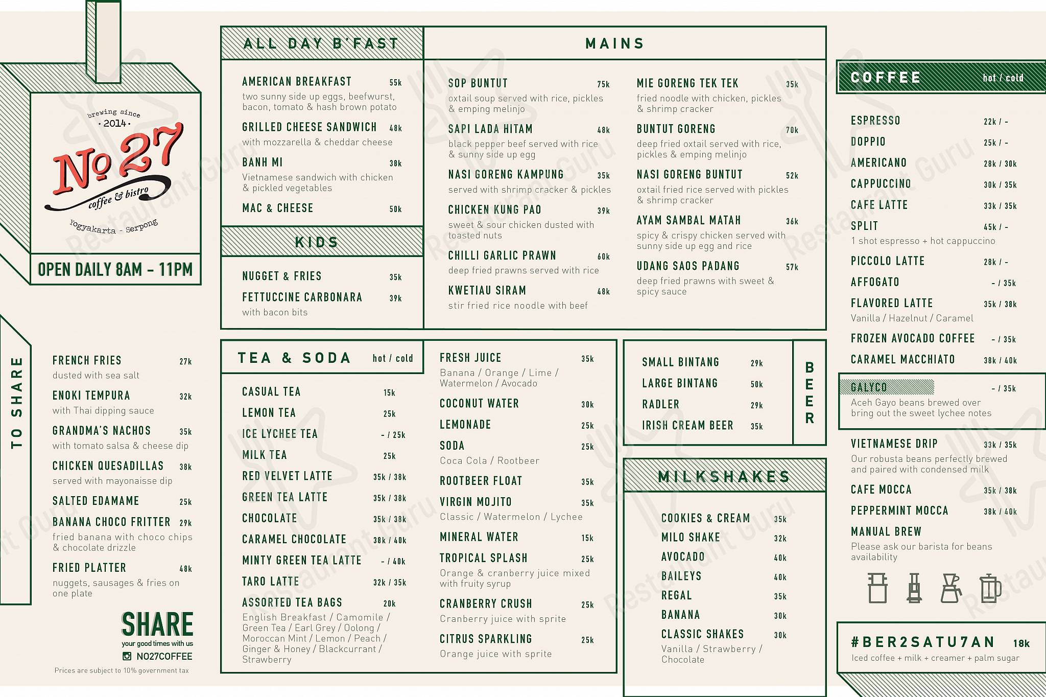 Menu at No 27 Coffee & Bistro cafe, Tangerang