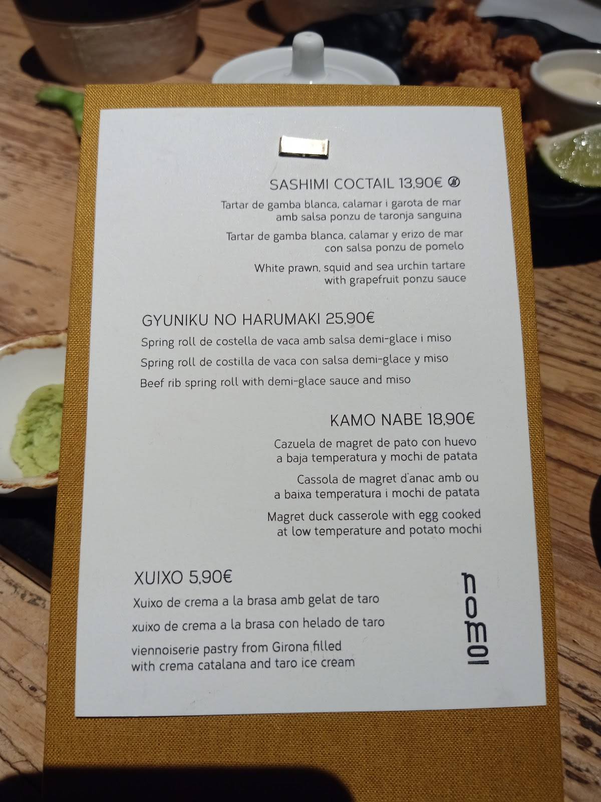 Carta del restaurante Nomo Girona, Gerona
