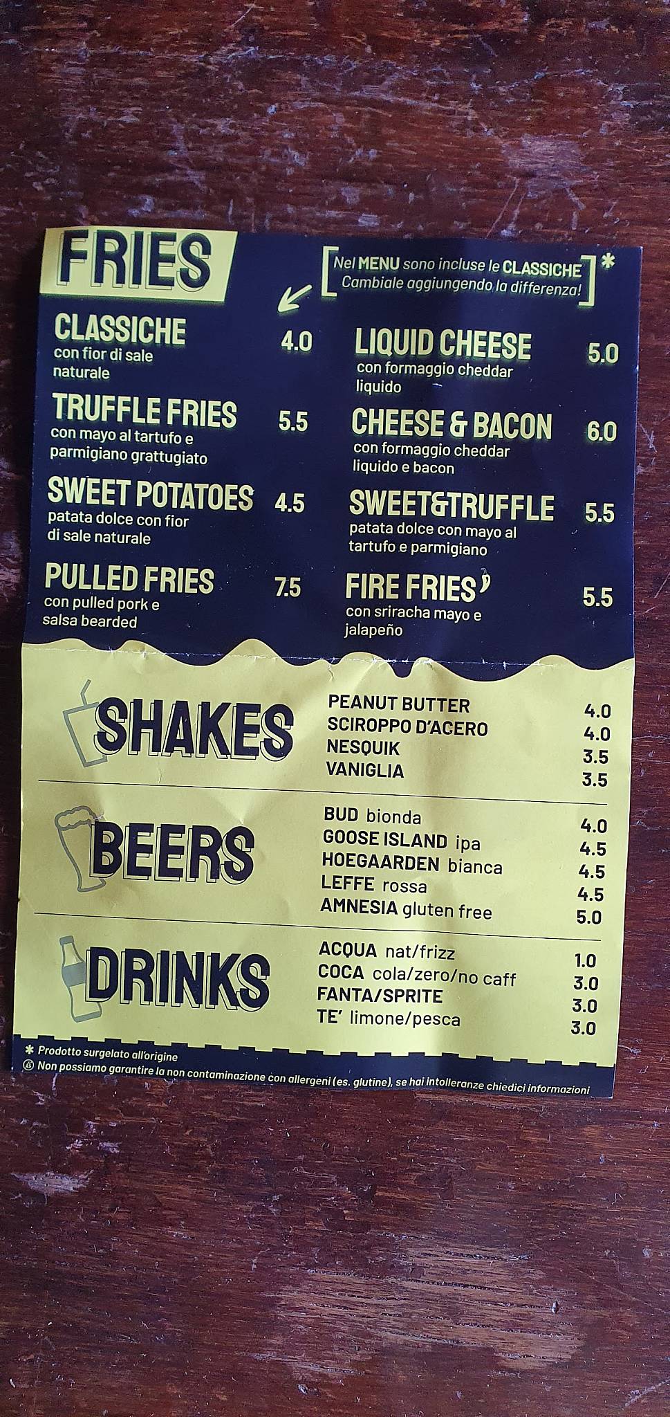 Menu au Norma's Burger Bar, Ferrare