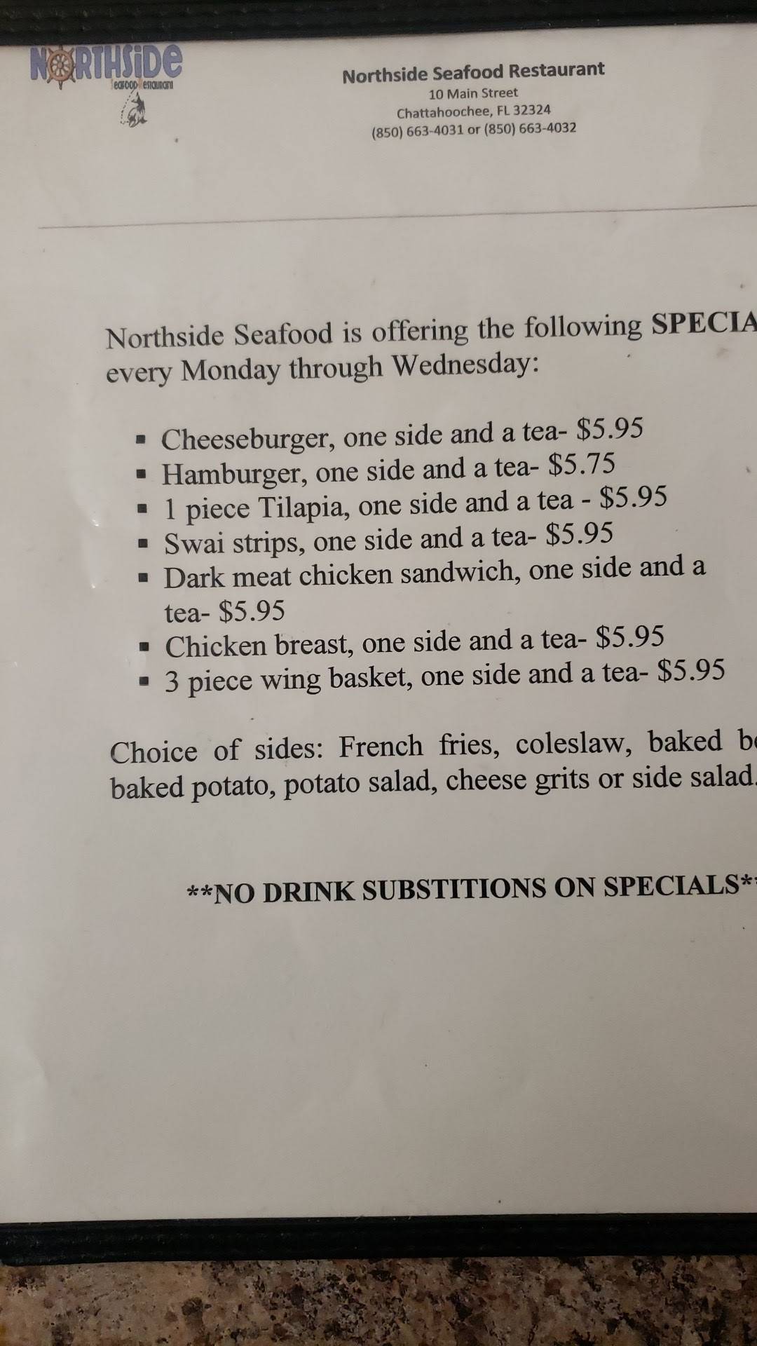 Menu at Northside Seafood restaurant, Chattahoochee