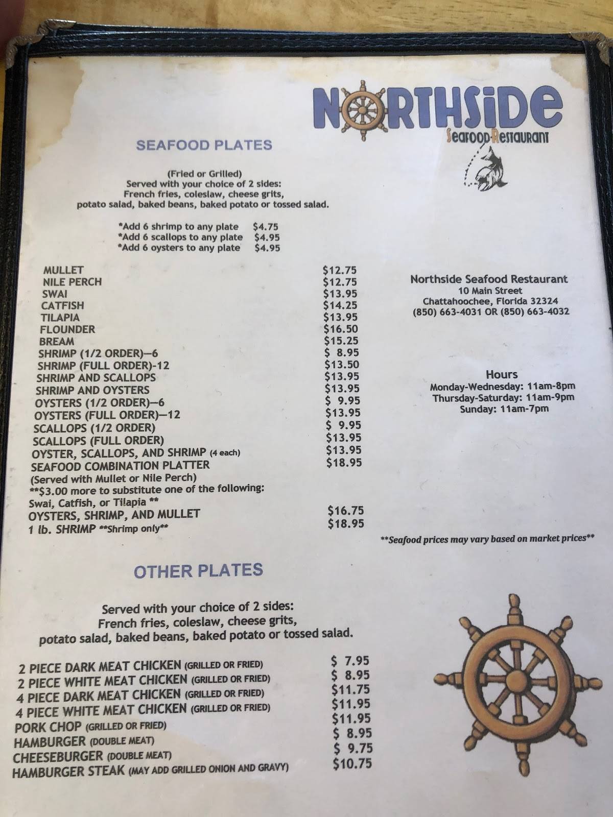 Menu at Northside Seafood restaurant, Chattahoochee