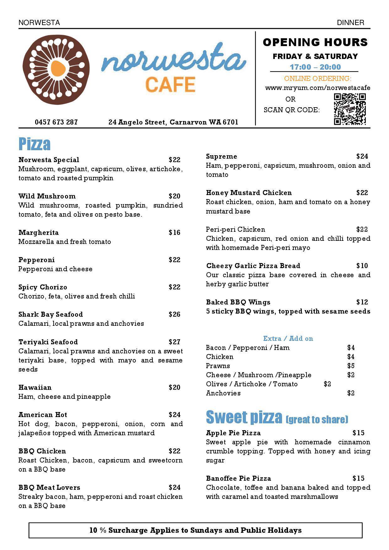Menu at Norwesta Cafe, East Carnarvon