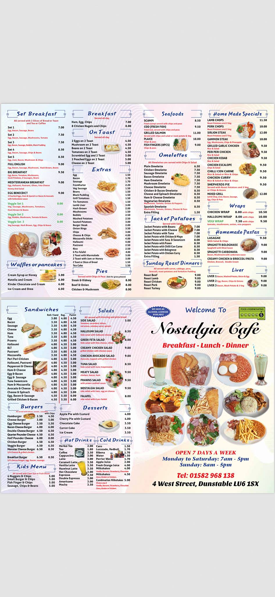 Menu at Nostalgia cafe, Dunstable