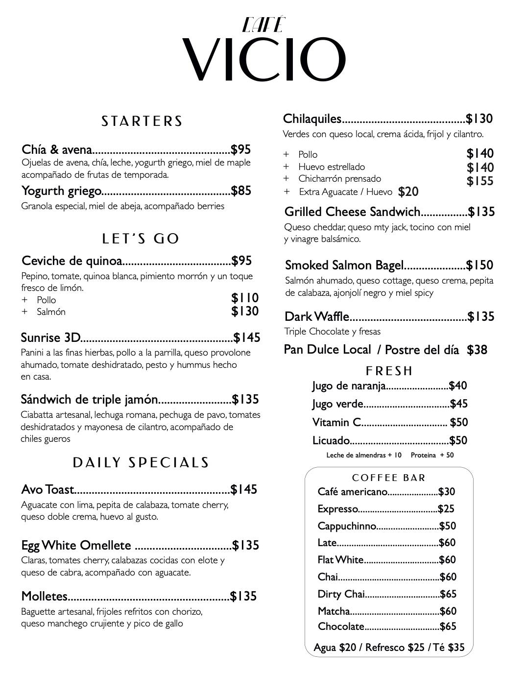 Menu at Café Vicio, Saltillo
