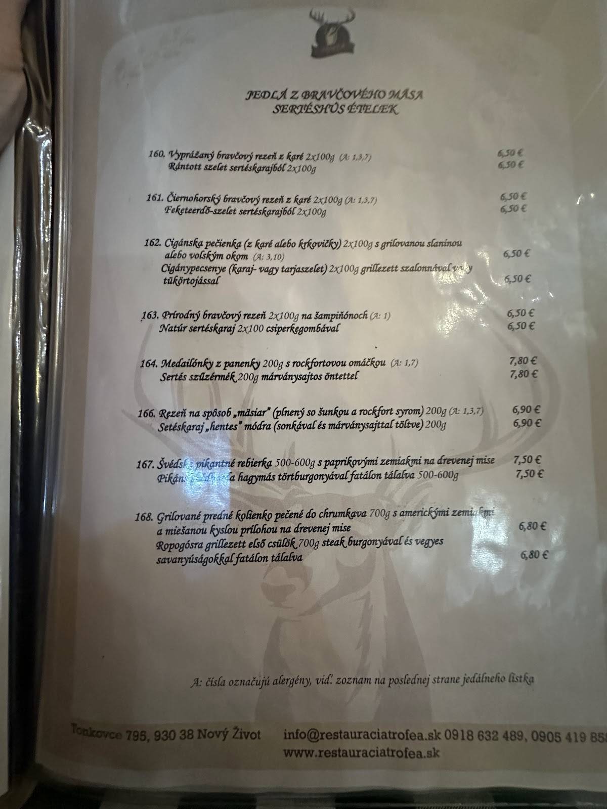 Menu at Reštaurácia TROFEA restaurant, Nový Život