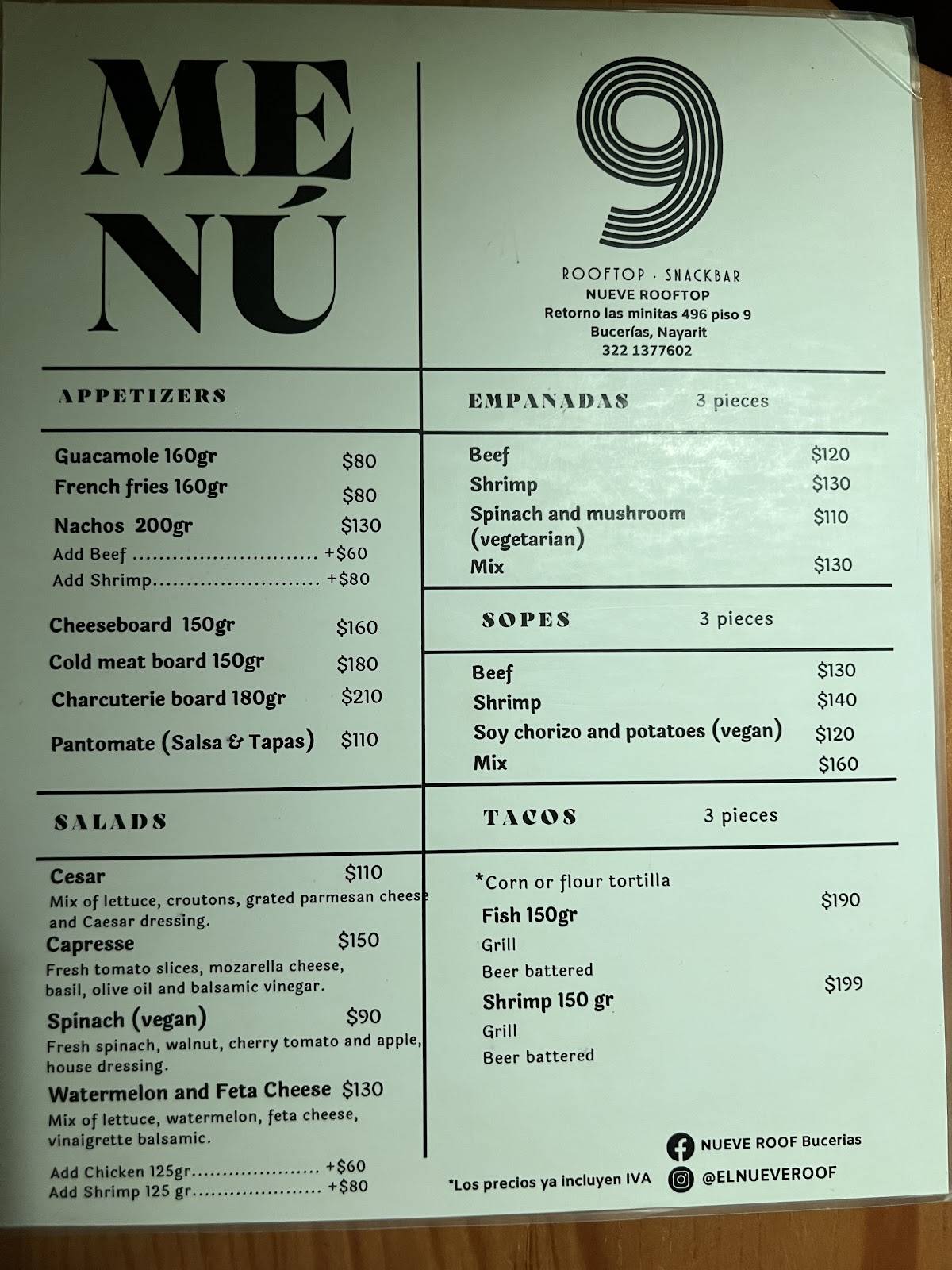 Menu at Nueve Rooftop & Snackbar, Bucerías