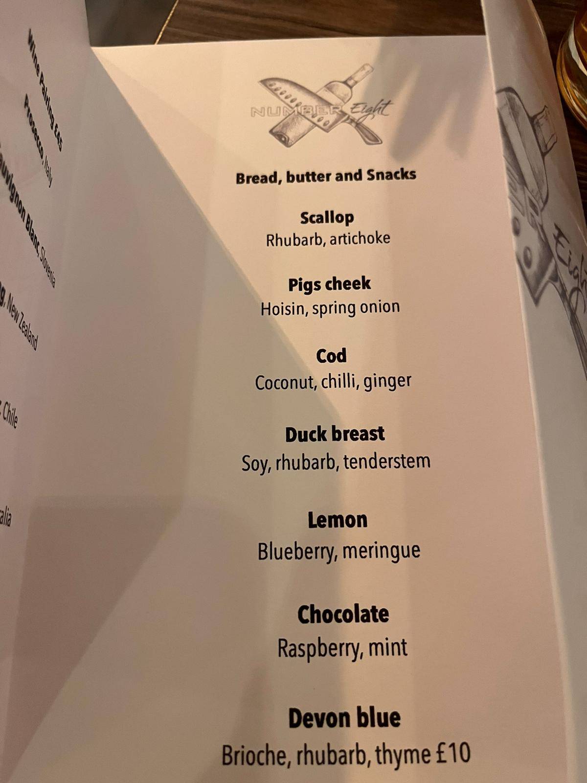 Menu at Number Eight restaurant, Bideford