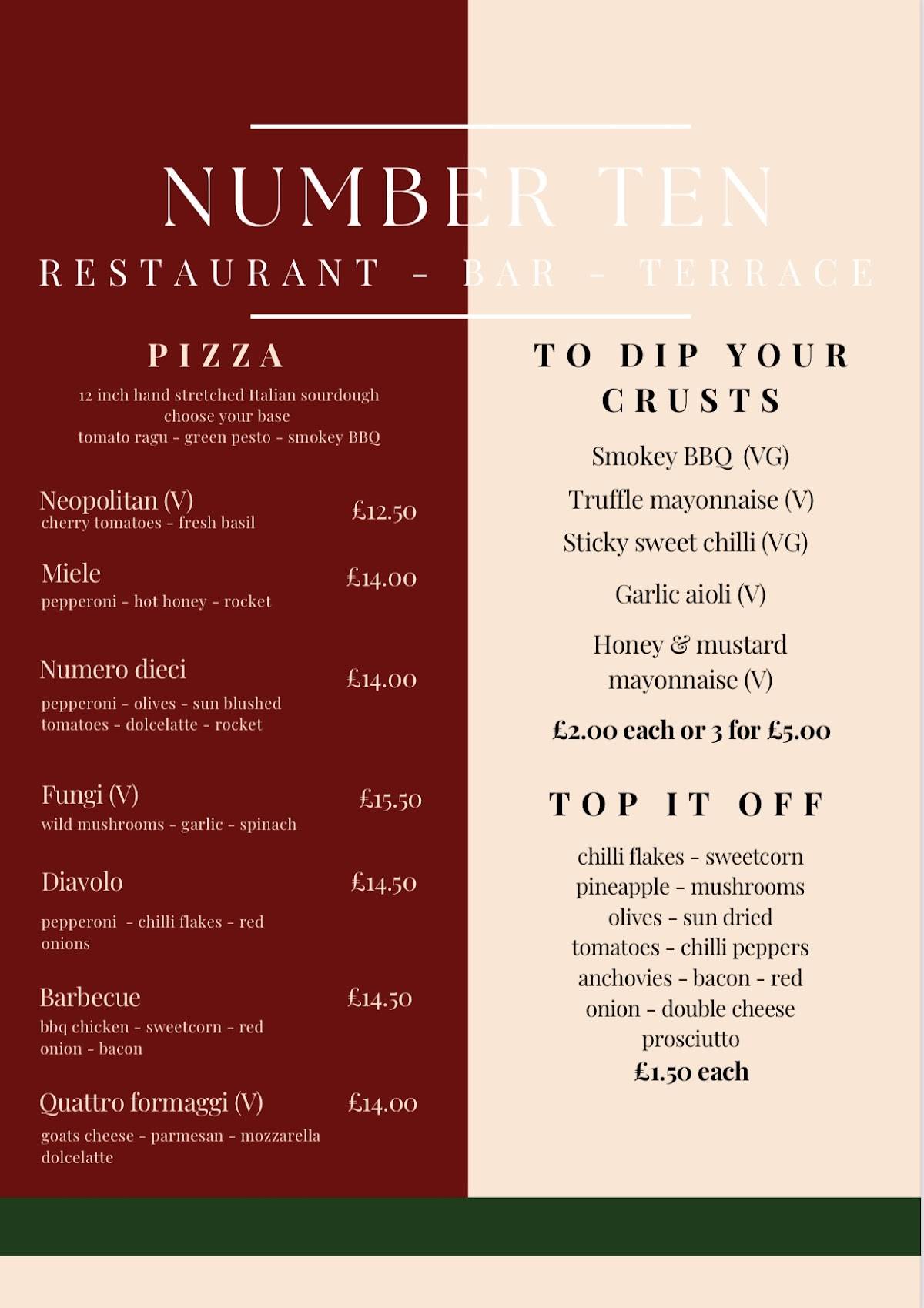 Menu at Number ten restaurant, Lynton
