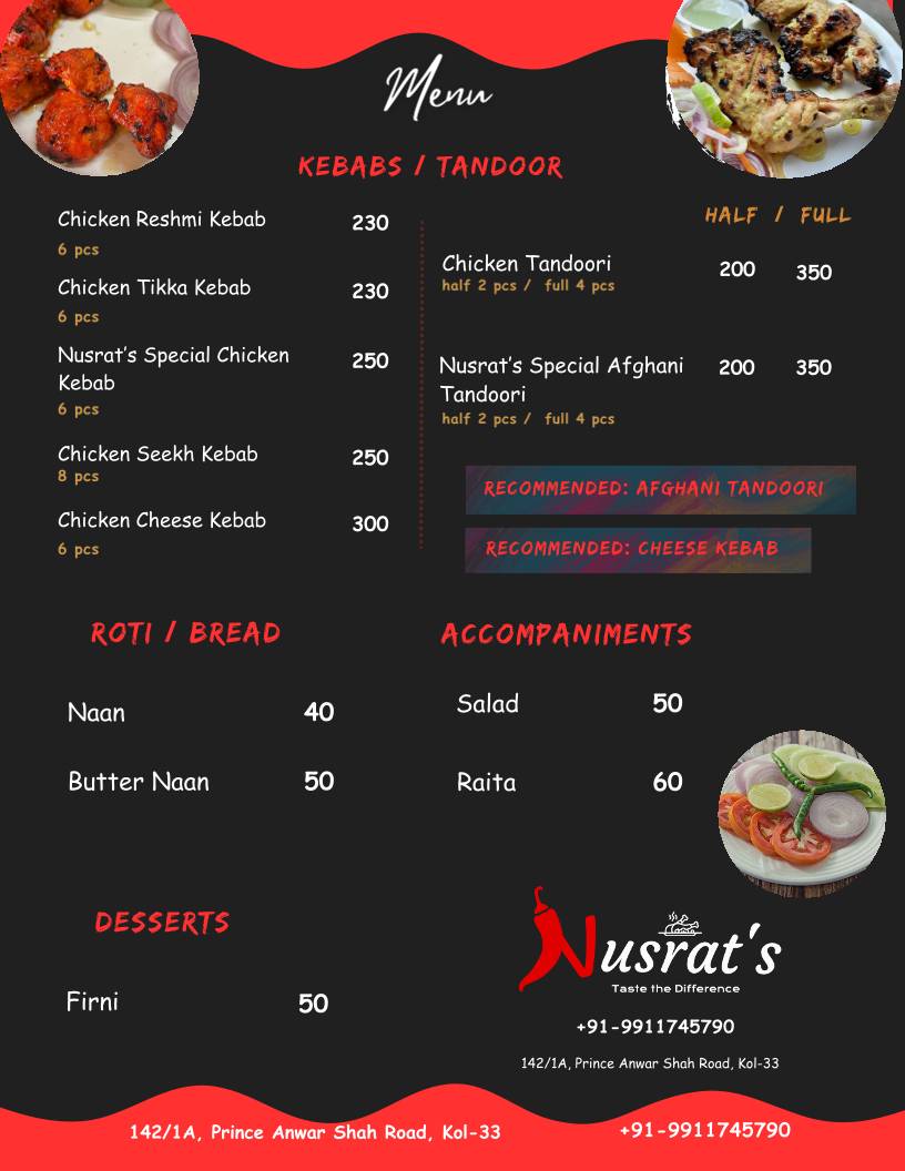 Menu at Nusrat's - Taste the Difference, Kolkata