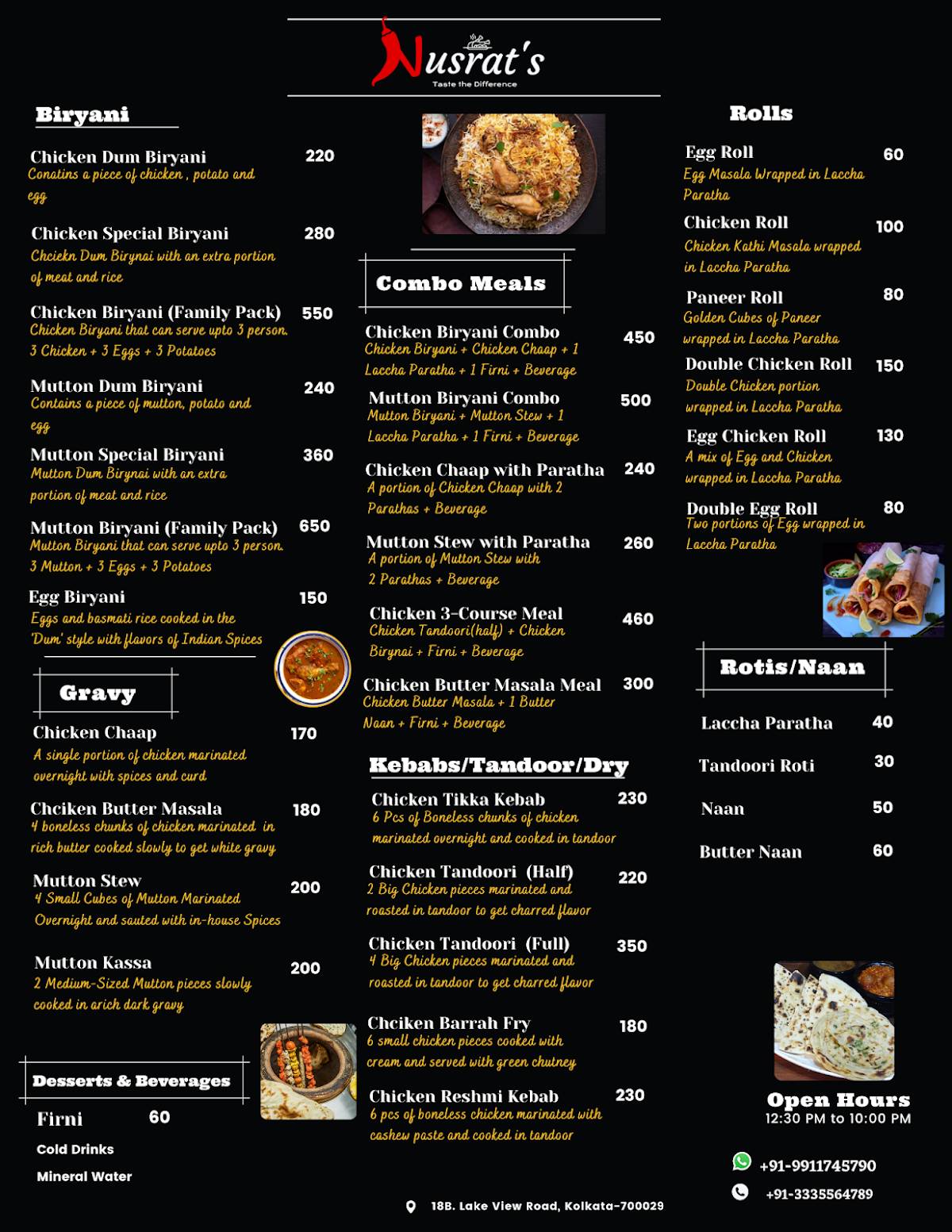 Menu at Nusrat's - Taste the Difference, Kolkata