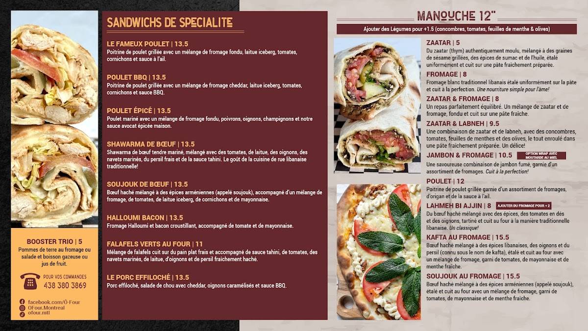 Menu au Ô Four pizzeria, Montréal, Park Ave