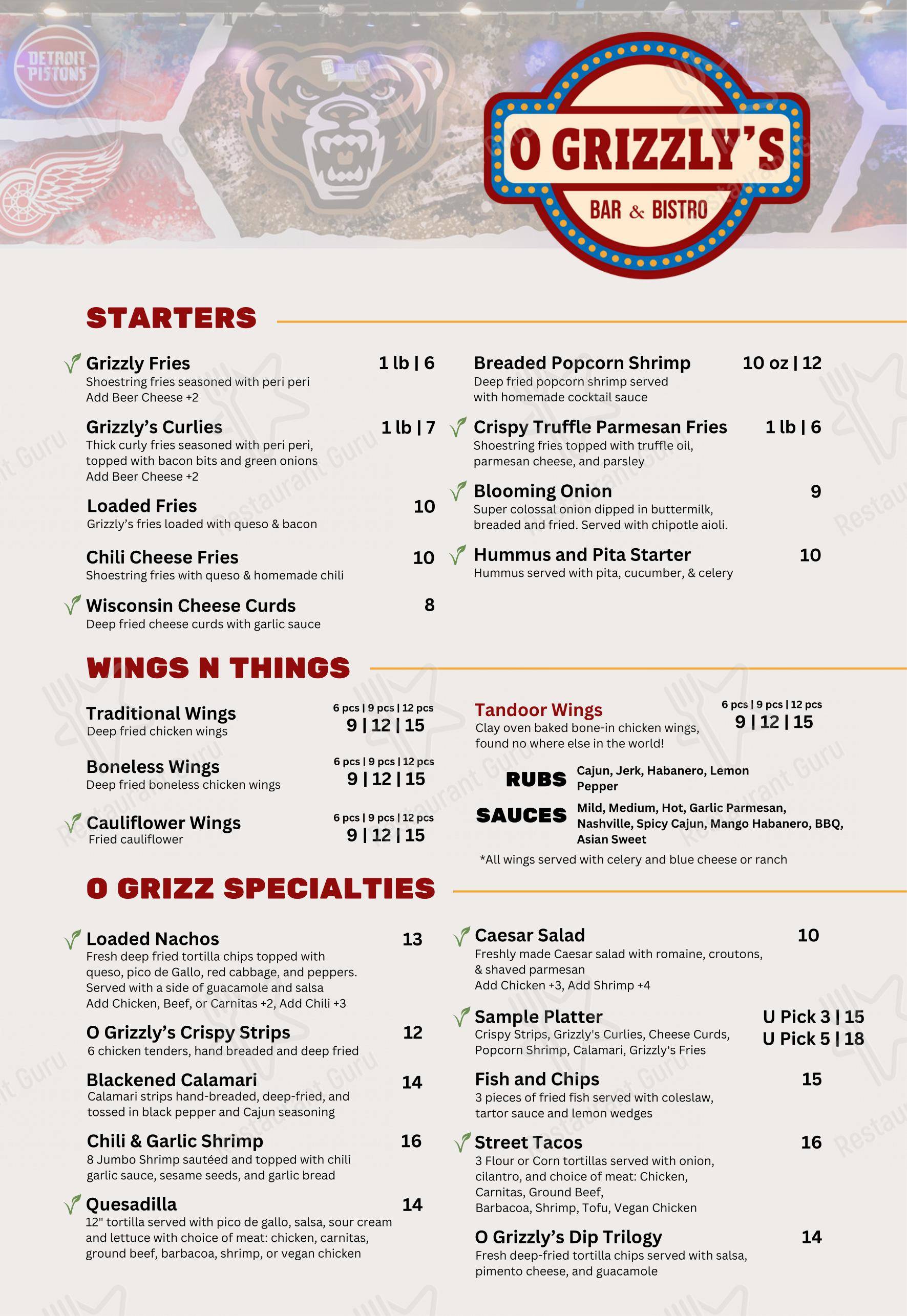 Menu at O Grizzly's Bar & Bistro, Auburn Hills
