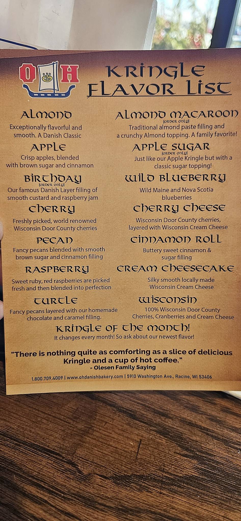 Menu at O&H Danish Bakery, Mount Pleasant, Washington Ave