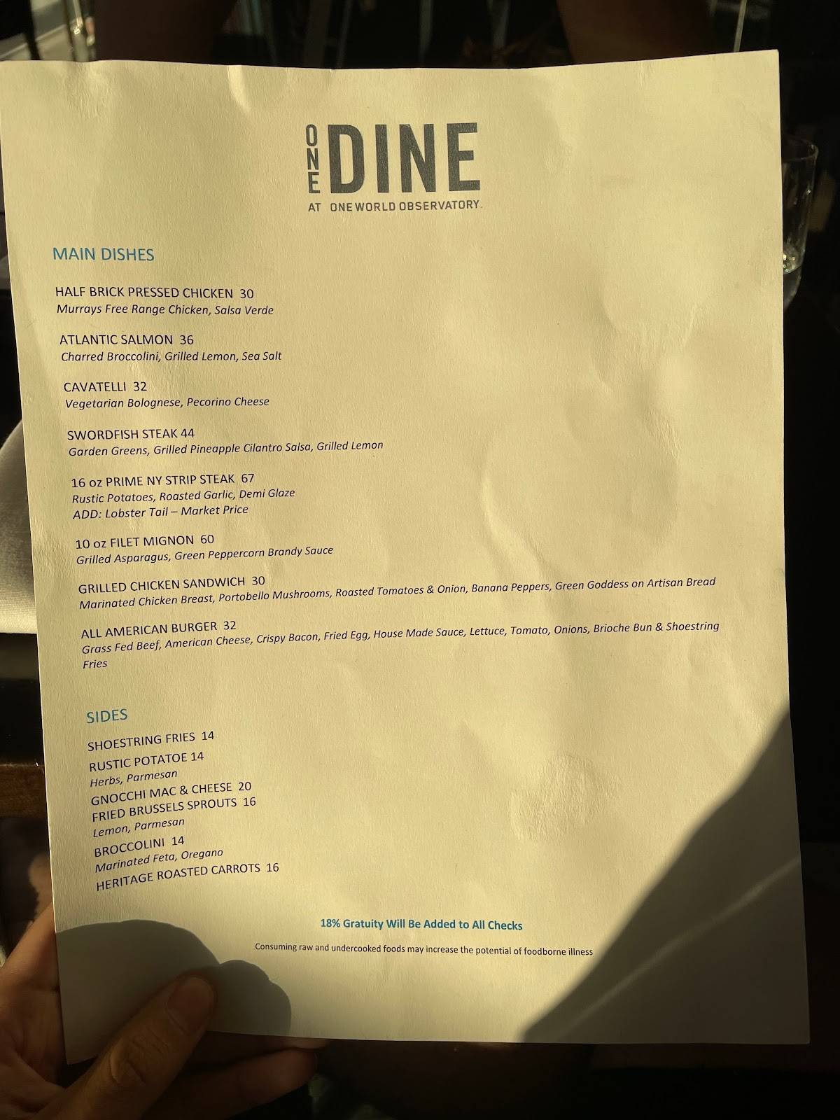 Menu at ONE Dine at One World Observatory restaurant, New York City