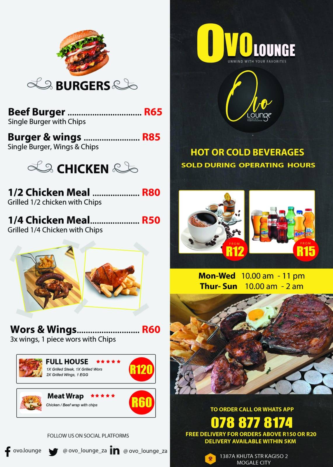 Speisekarte von OVO Lounge restaurant, Krugersdorp