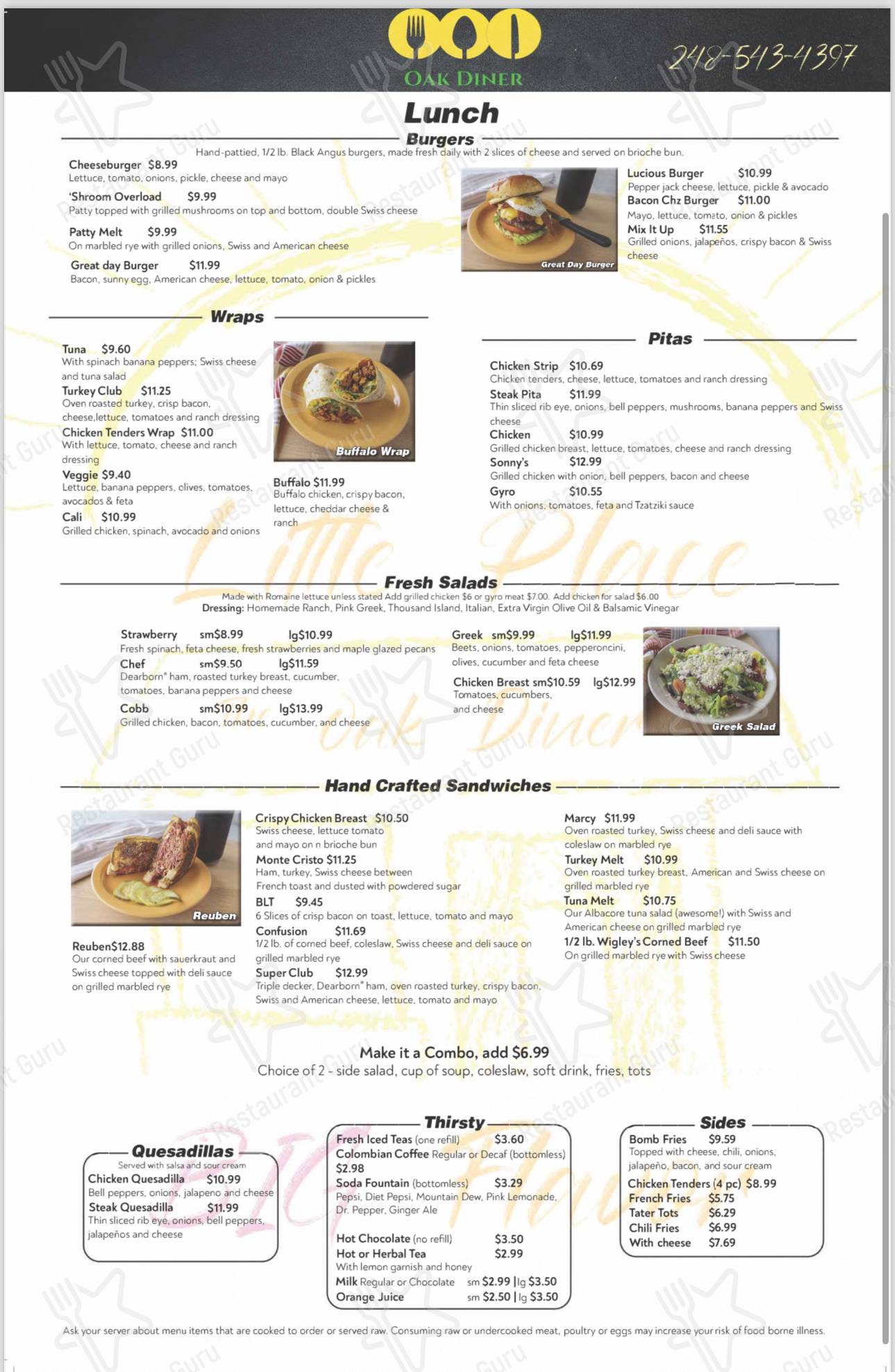 Menu at Oak Diner restaurant, Royal Oak
