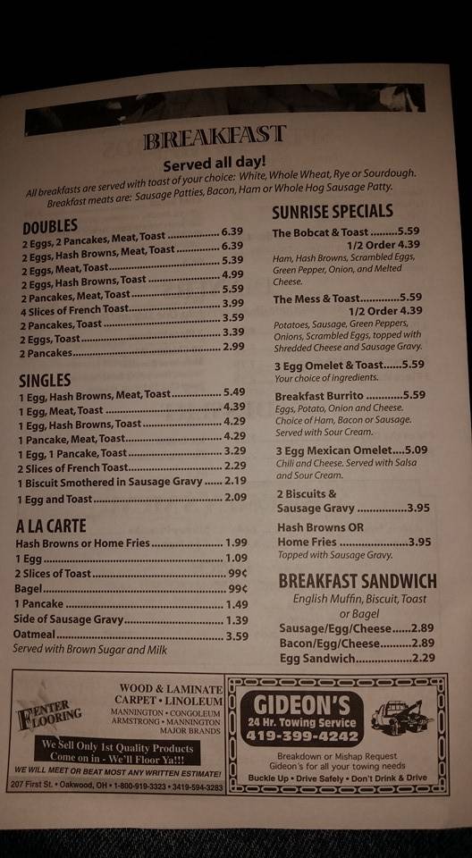 Menu at Oakleaf restaurant, Oakwood