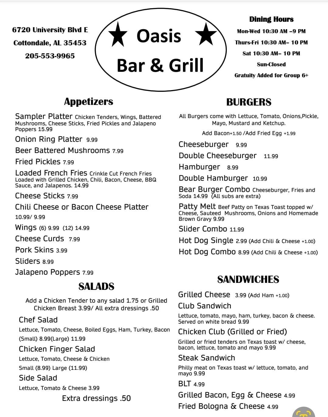Menu at Oasis Bar & Grill, Cottondale