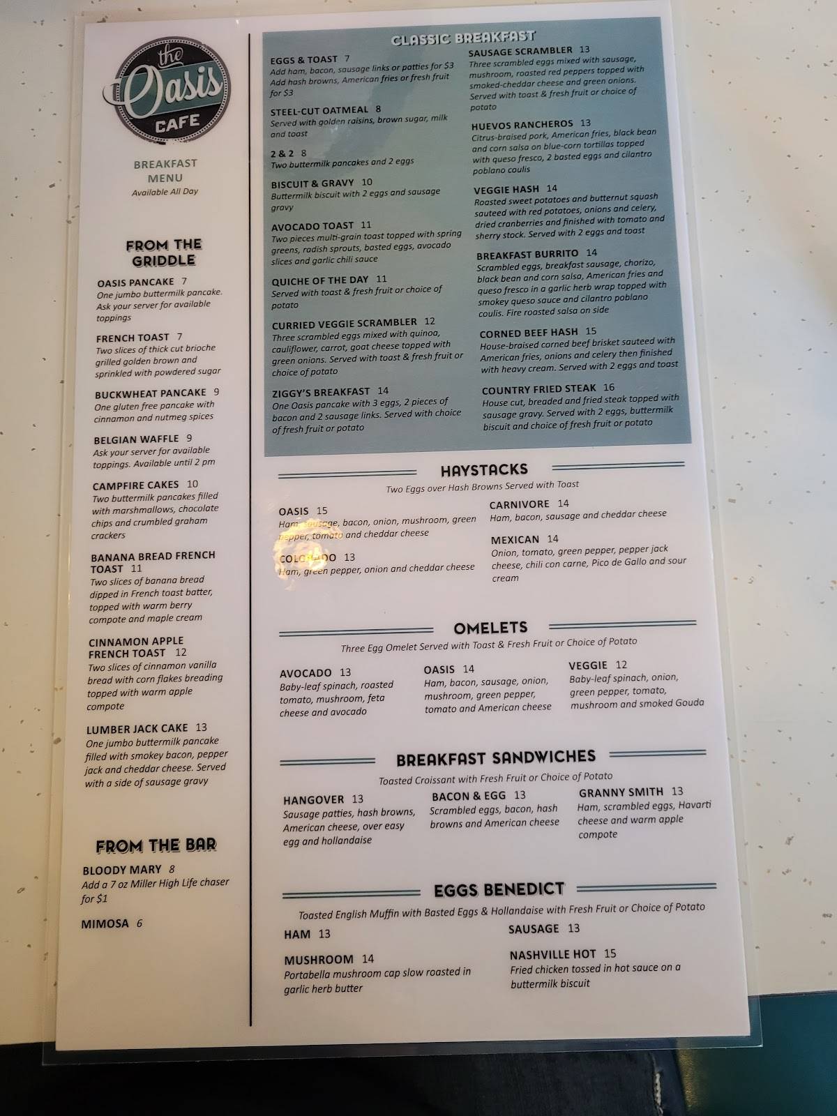 Menu at Oasis Cafe, Stillwater, 806 Main St S