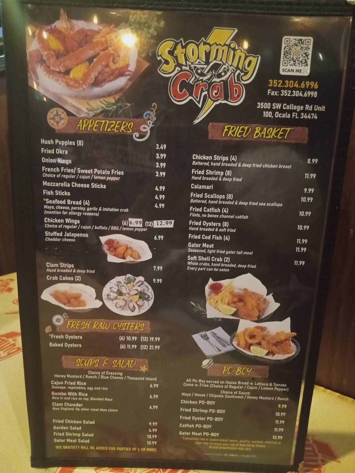 Menu at Storming Crab restaurant, Ocala