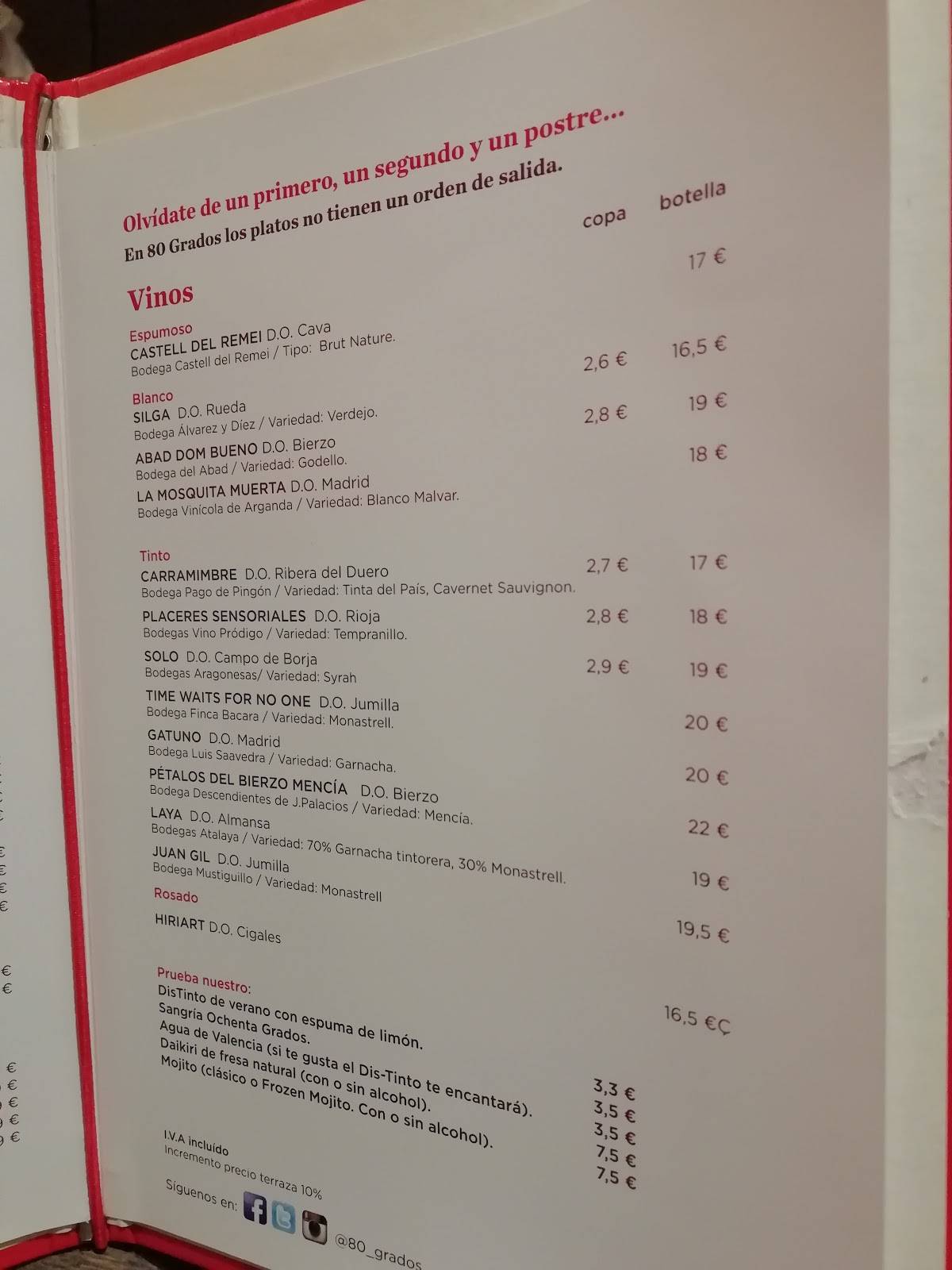 Carta del restaurante Ochenta Grados Castellana, Madrid, P.º del la ...