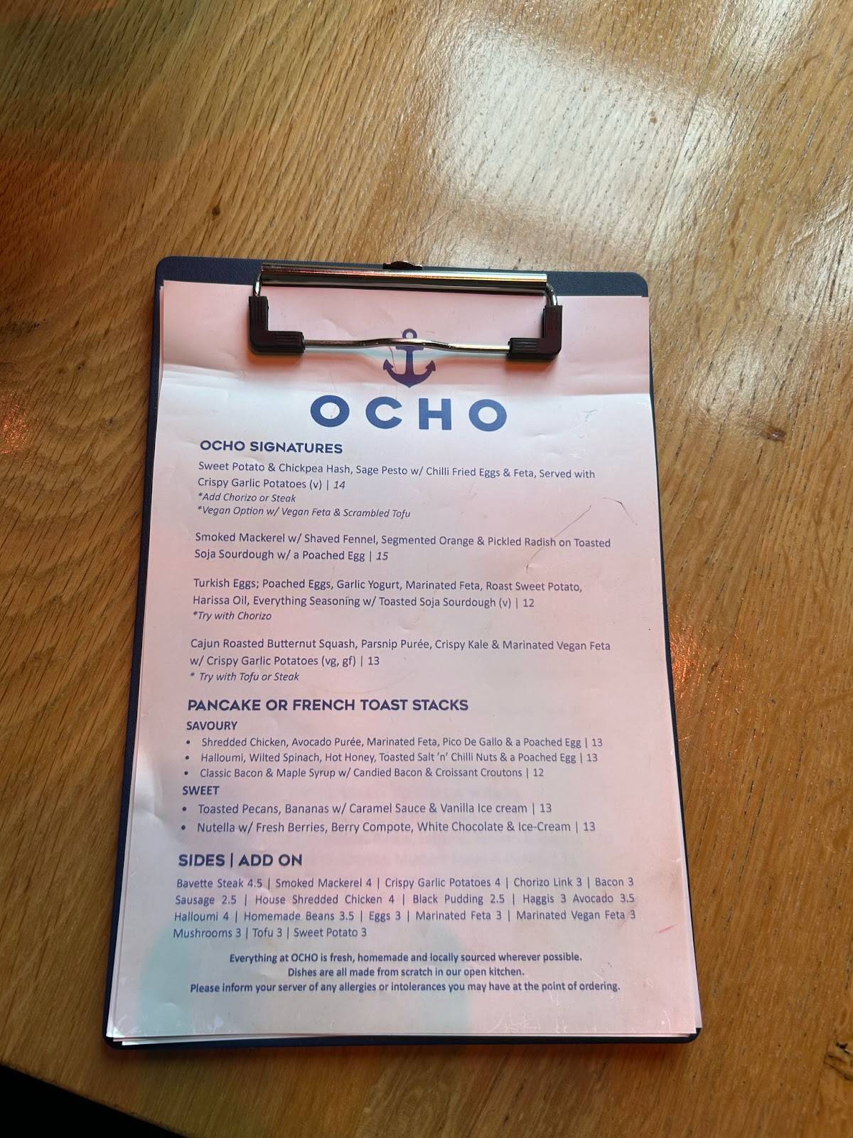 Menu at Ocho restaurant, Glasgow, 8 Speirs Wharf