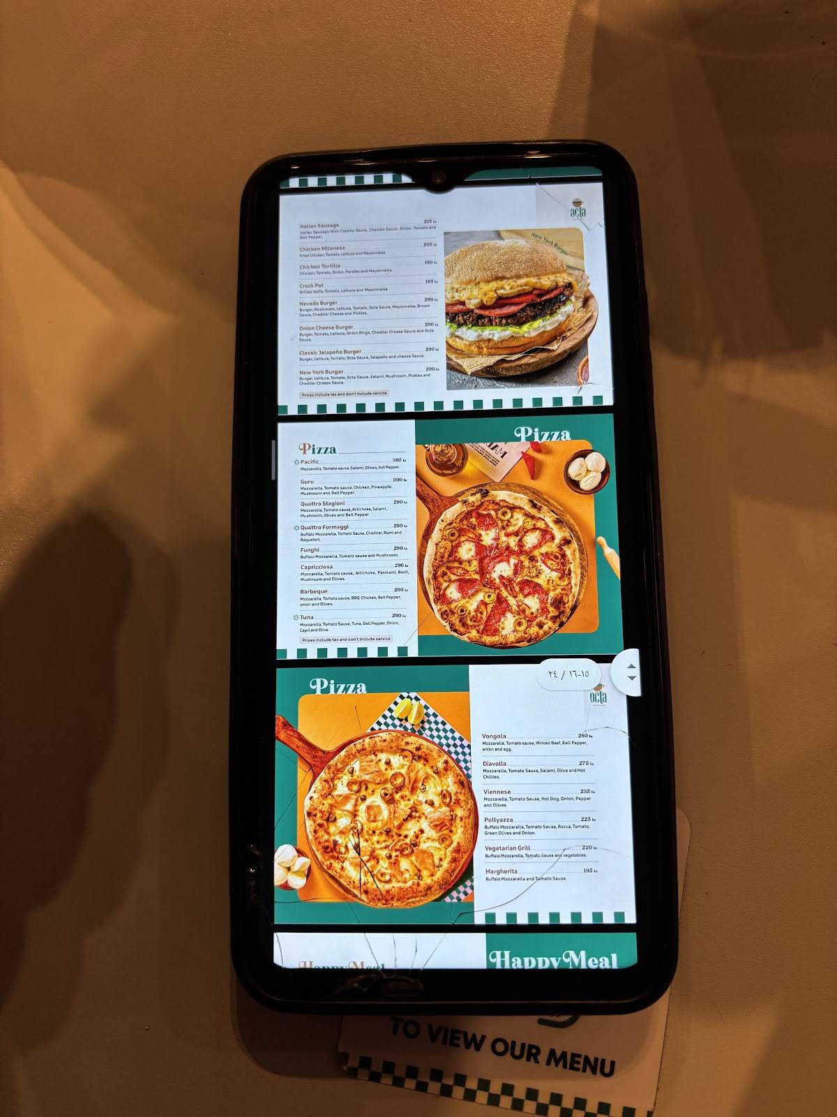 Menu at Octa cafe and restaurant, Cairo