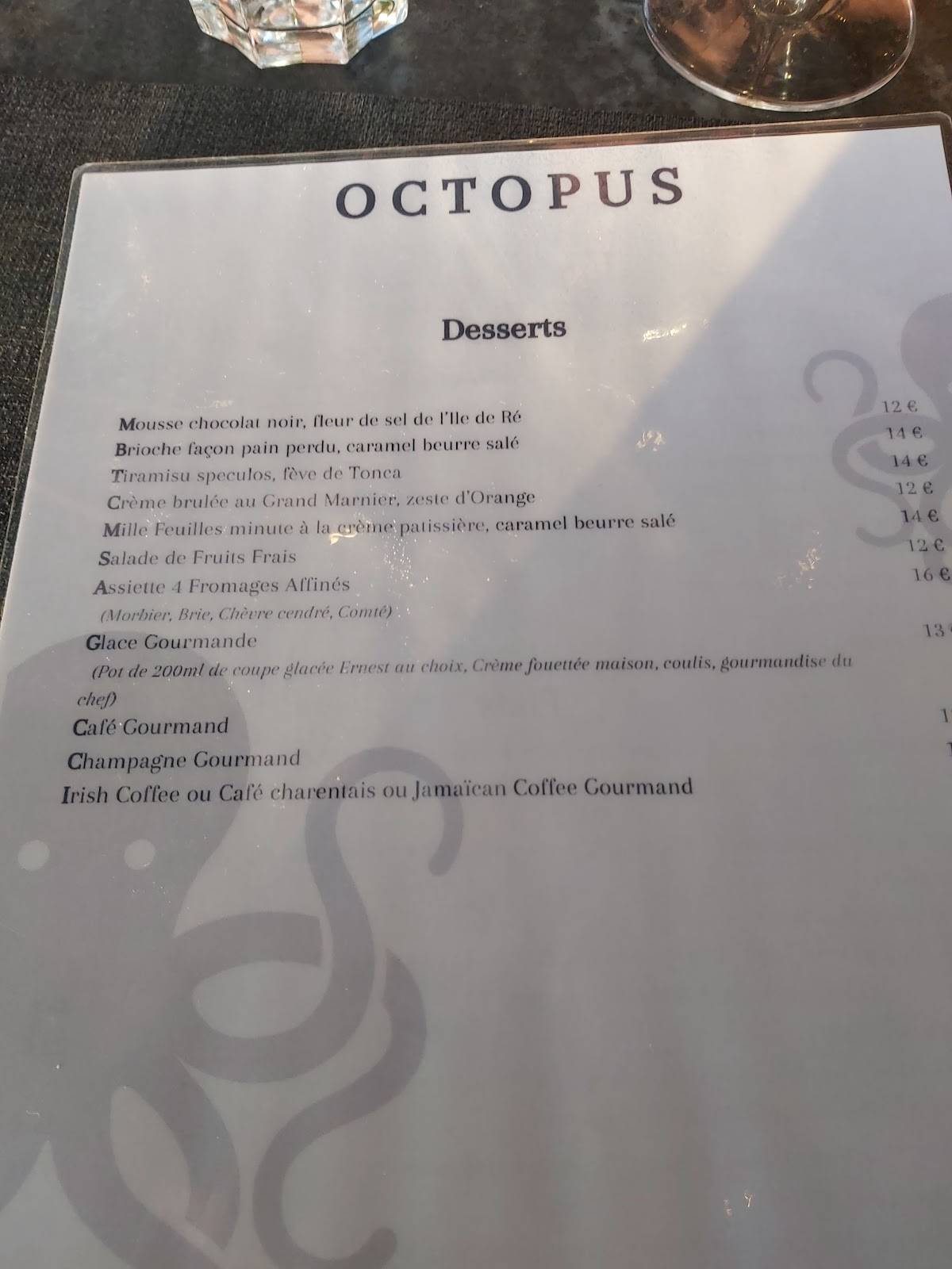 Menu au Octopus La Rochelle restaurant, La Rochelle