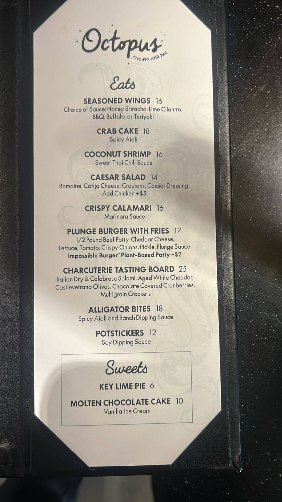 Menu at Octopus Lobby Bar at Plunge, Lauderdale-by-the-Sea