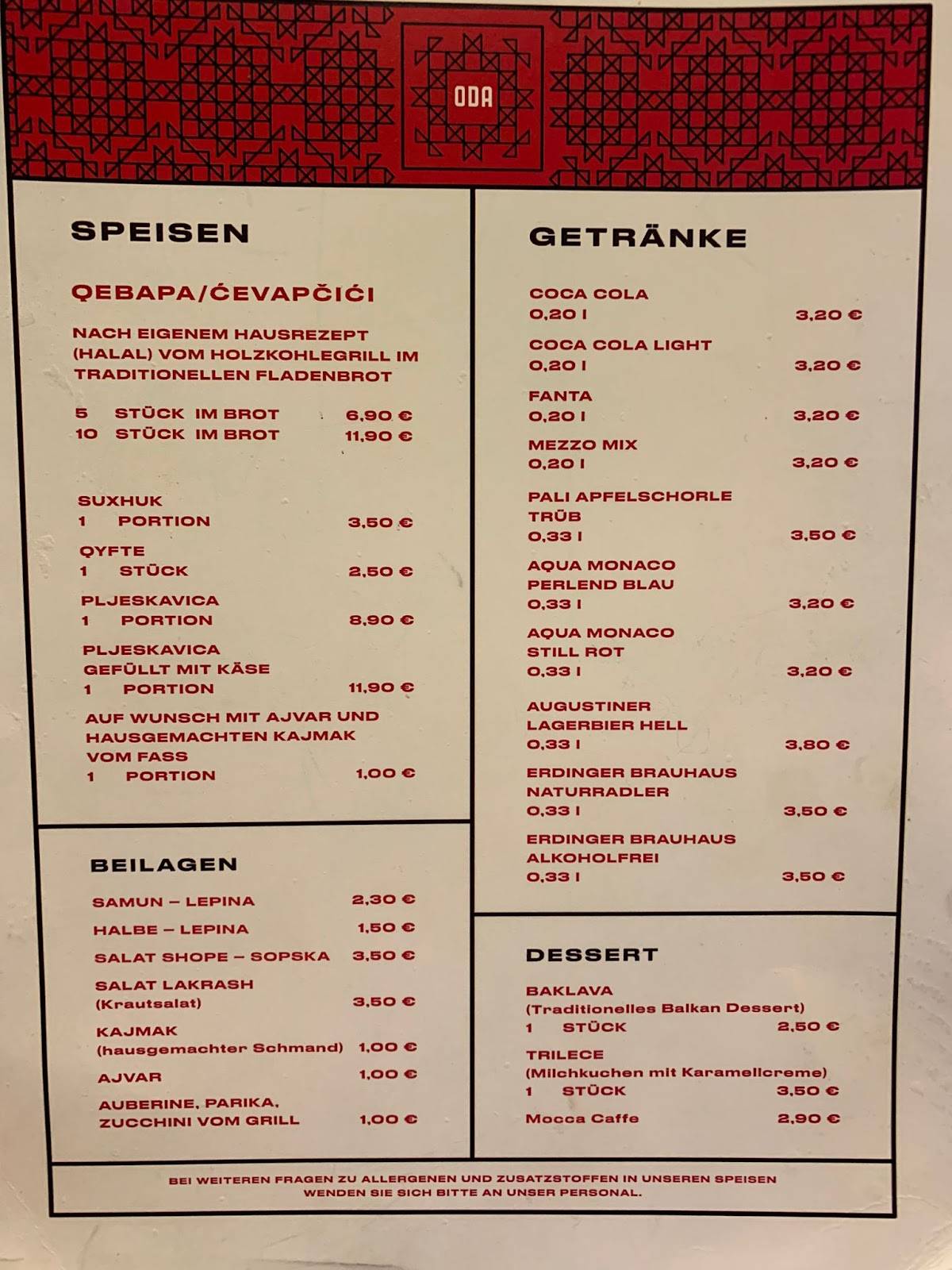 Speisekarte von Oda Grill München restaurant, München