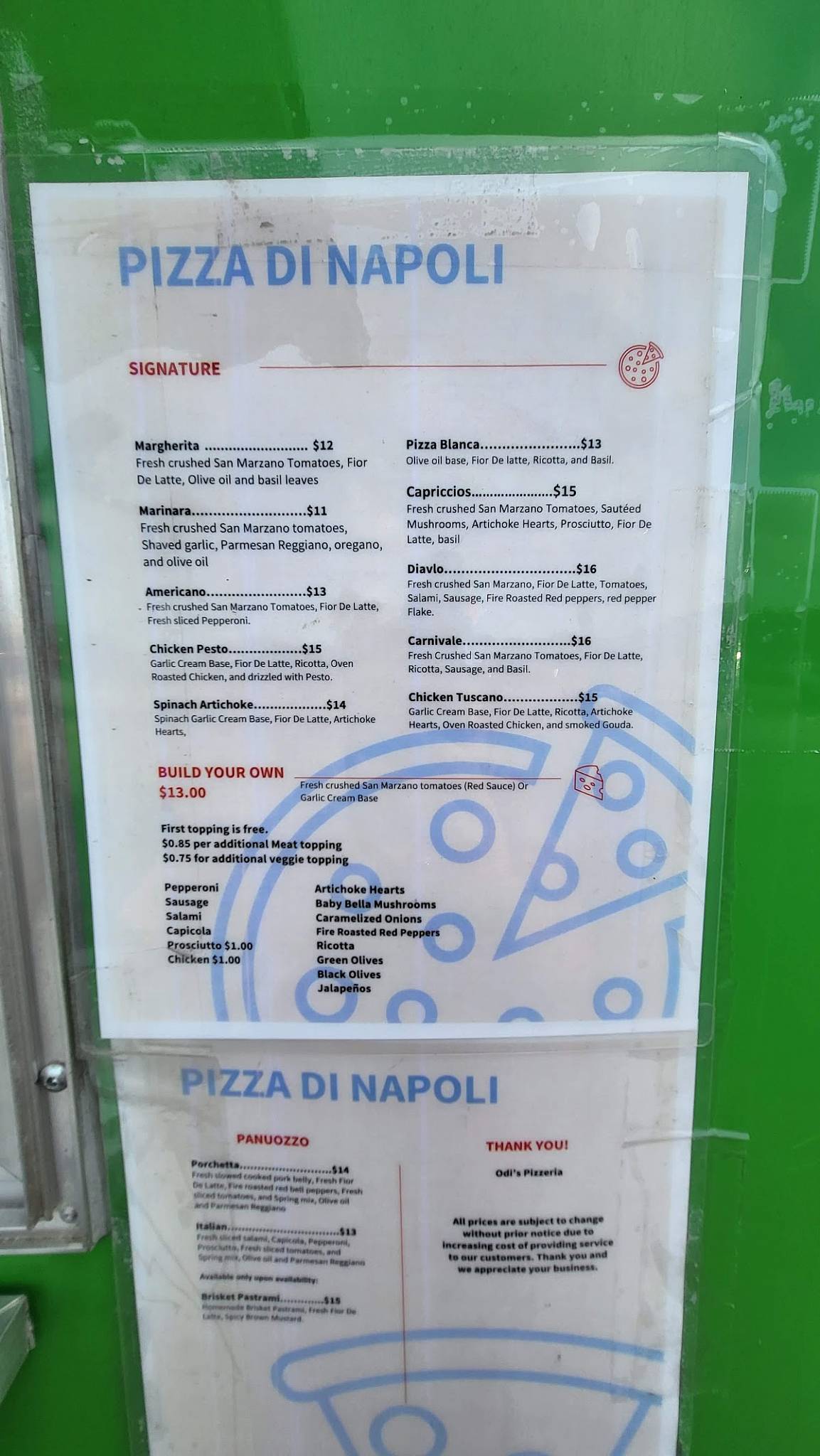 Menu at Odi’s Pizzeria & Restaurant, Corpus Christi