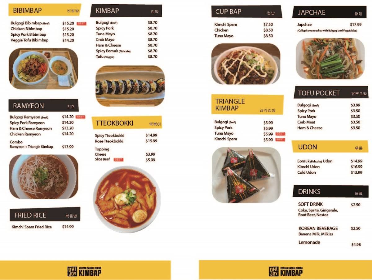 Menu at Oh! Joy Kimbap restaurant, Surrey