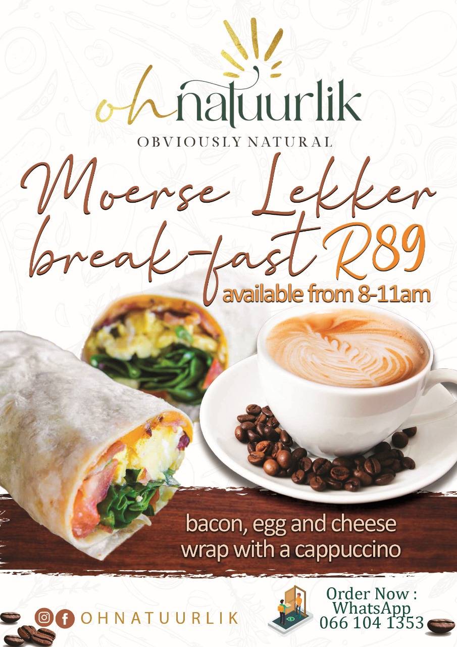 Menu at Oh Natuurlik Café restaurant, Bloemfontein