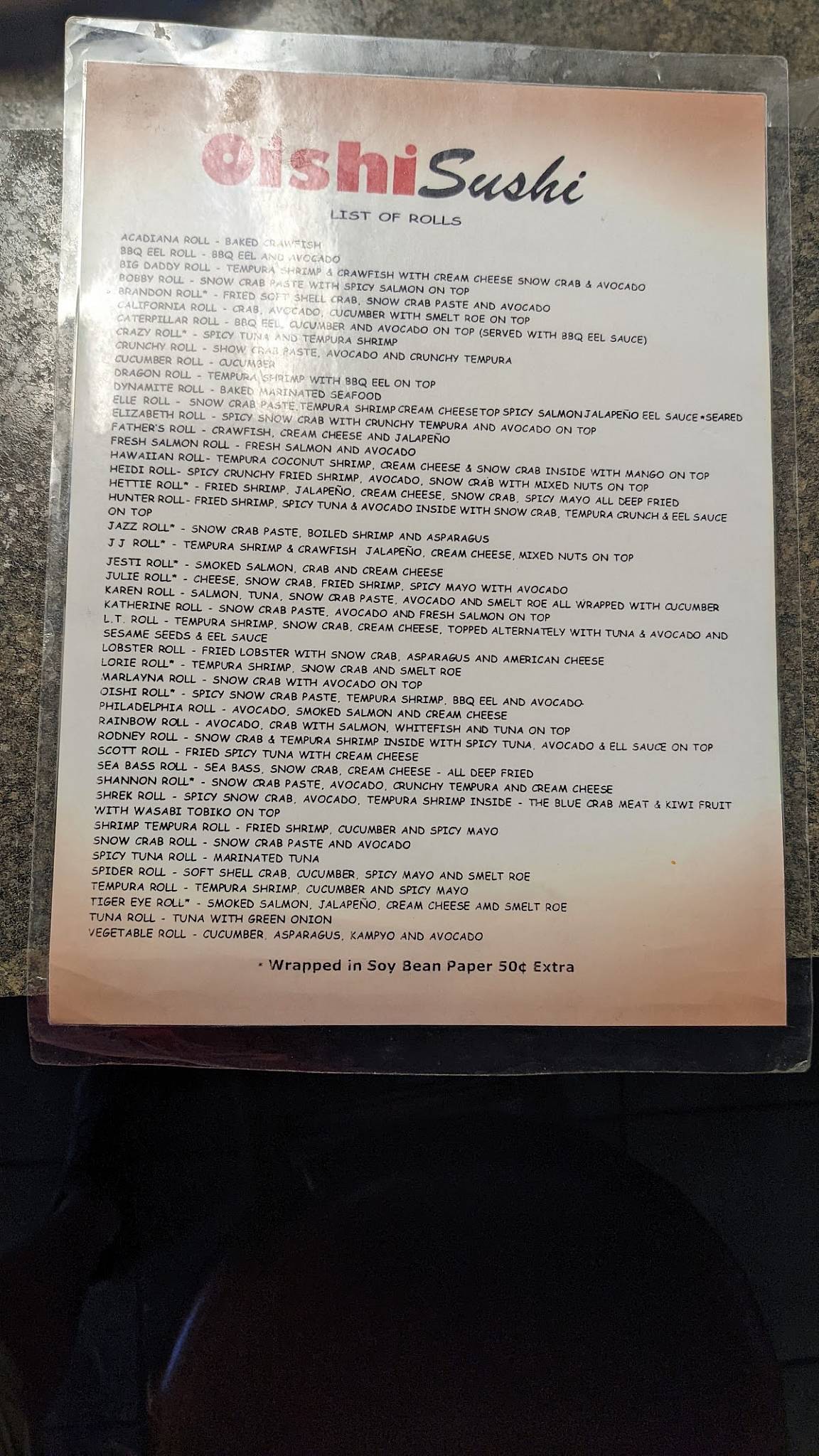 Menu at Oishi Sushi restaurant, Lafayette