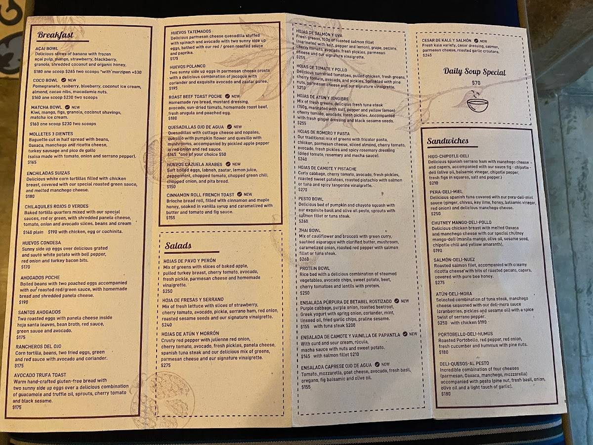 Menu at Ojo de Agua restaurant, San Miguel de Allende