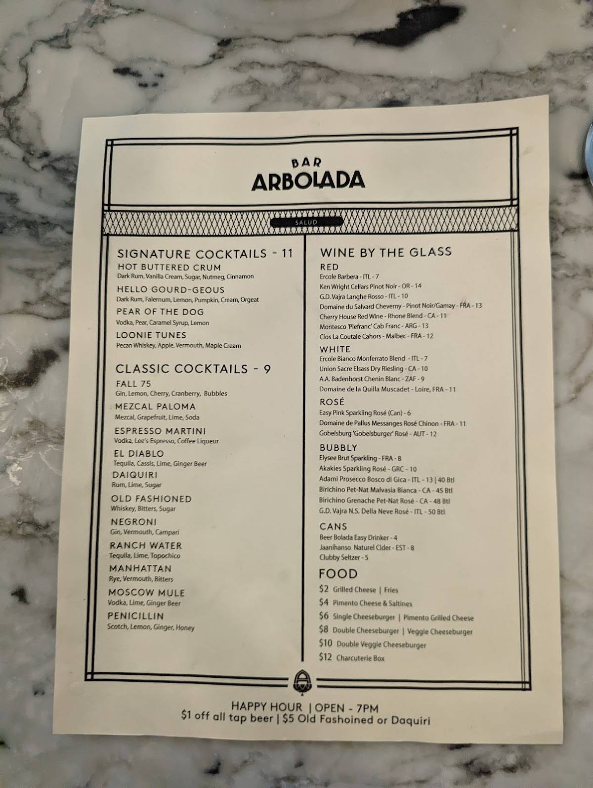 Menu at Bar Arbolada, Oklahoma City