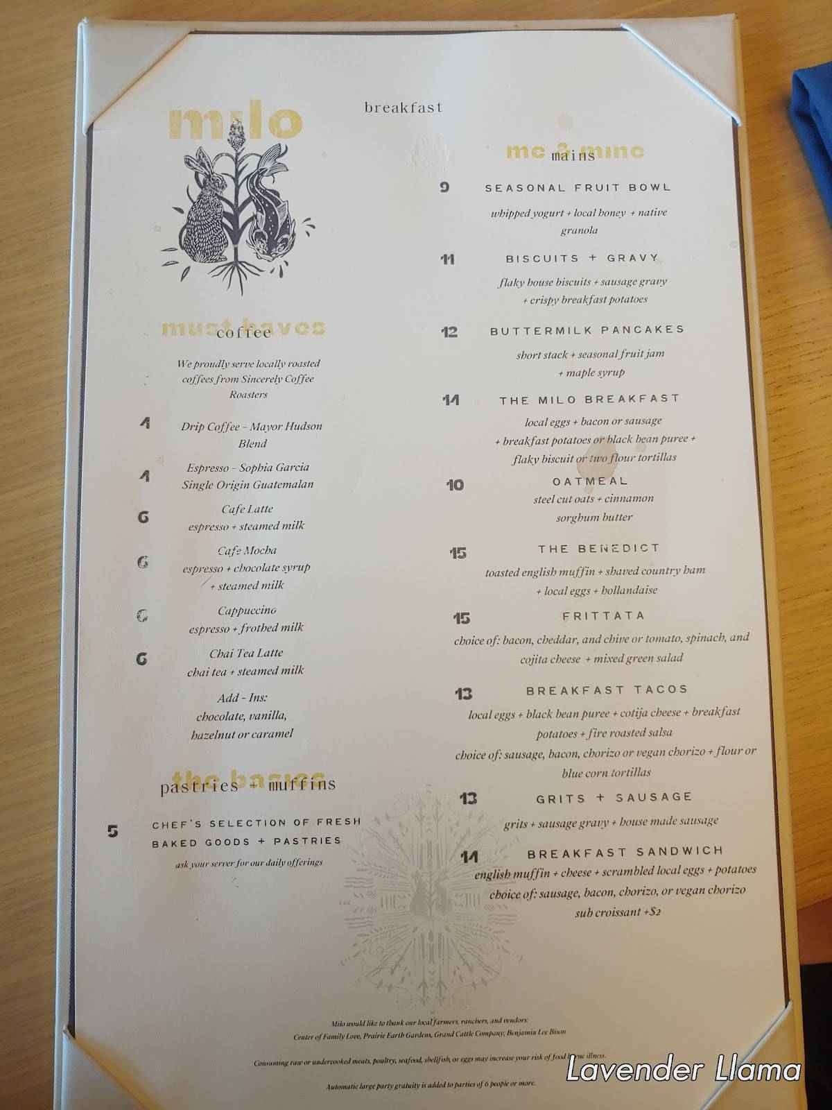 Carta del pub y bar Milo, Oklahoma City