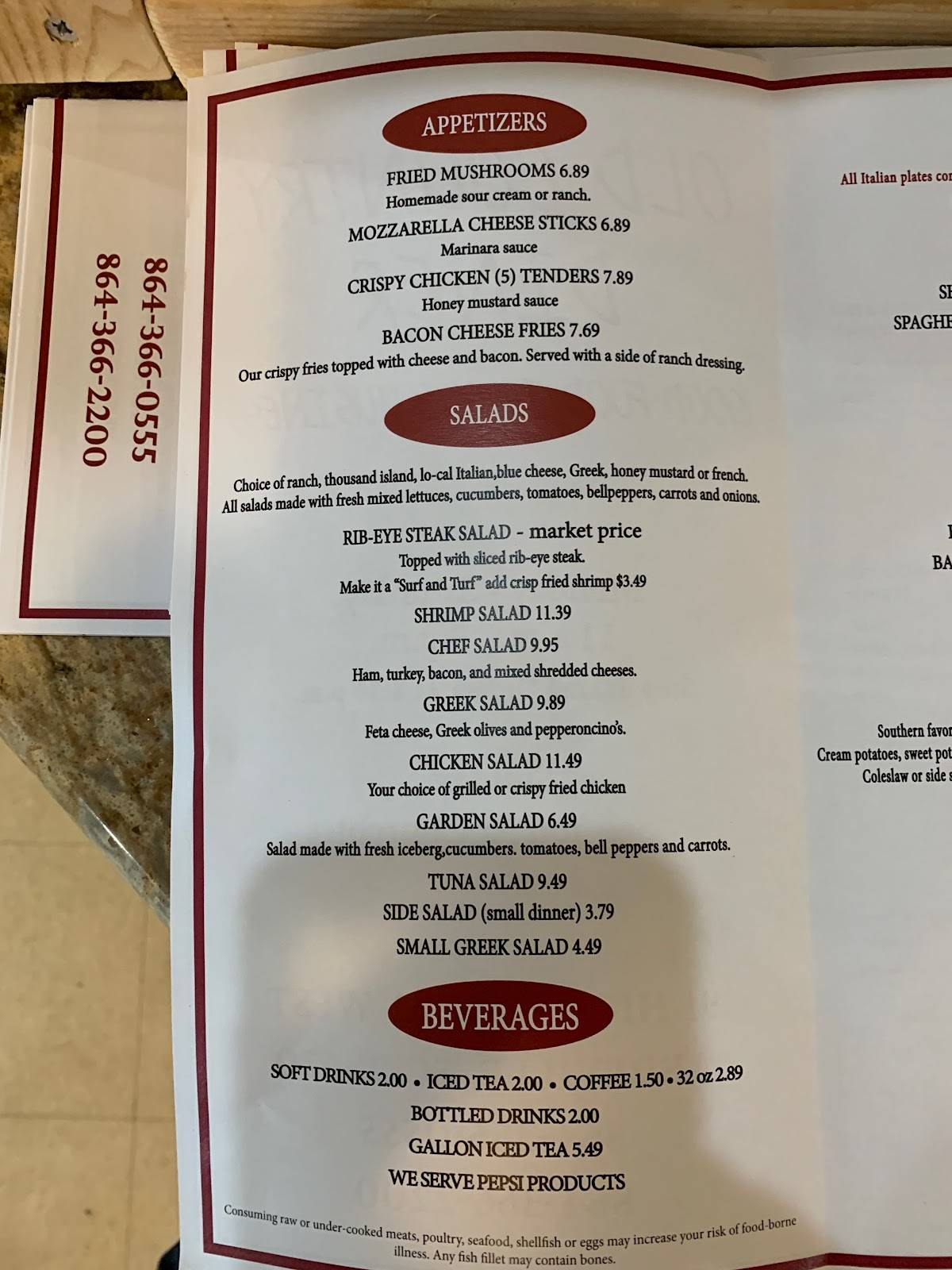 Menu at Old Country Diner restaurant, Abbeville