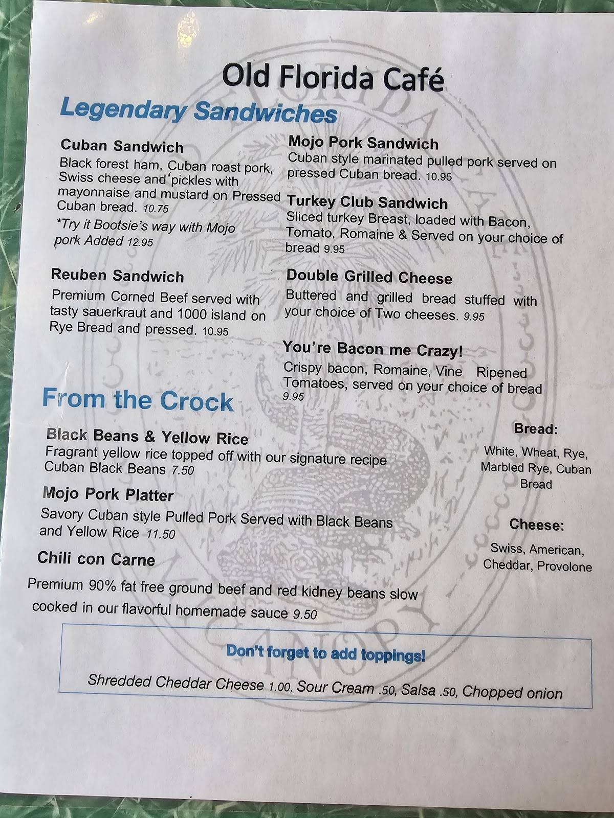 Menu at Old Florida Cafe, Micanopy, 203 NE Cholokka Blvd