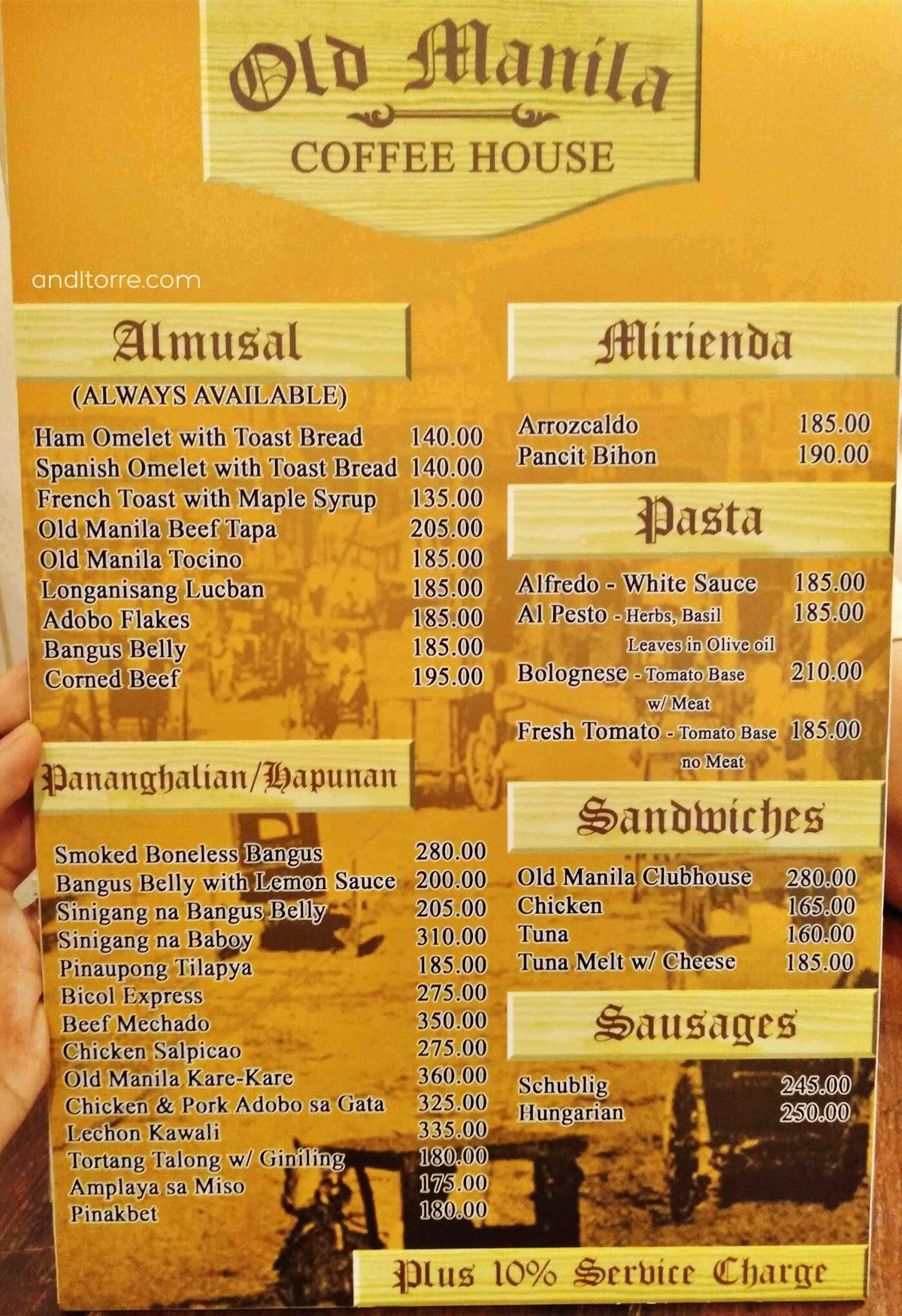 Menu at Old Manila Coffee House, Quezon City, Level 3