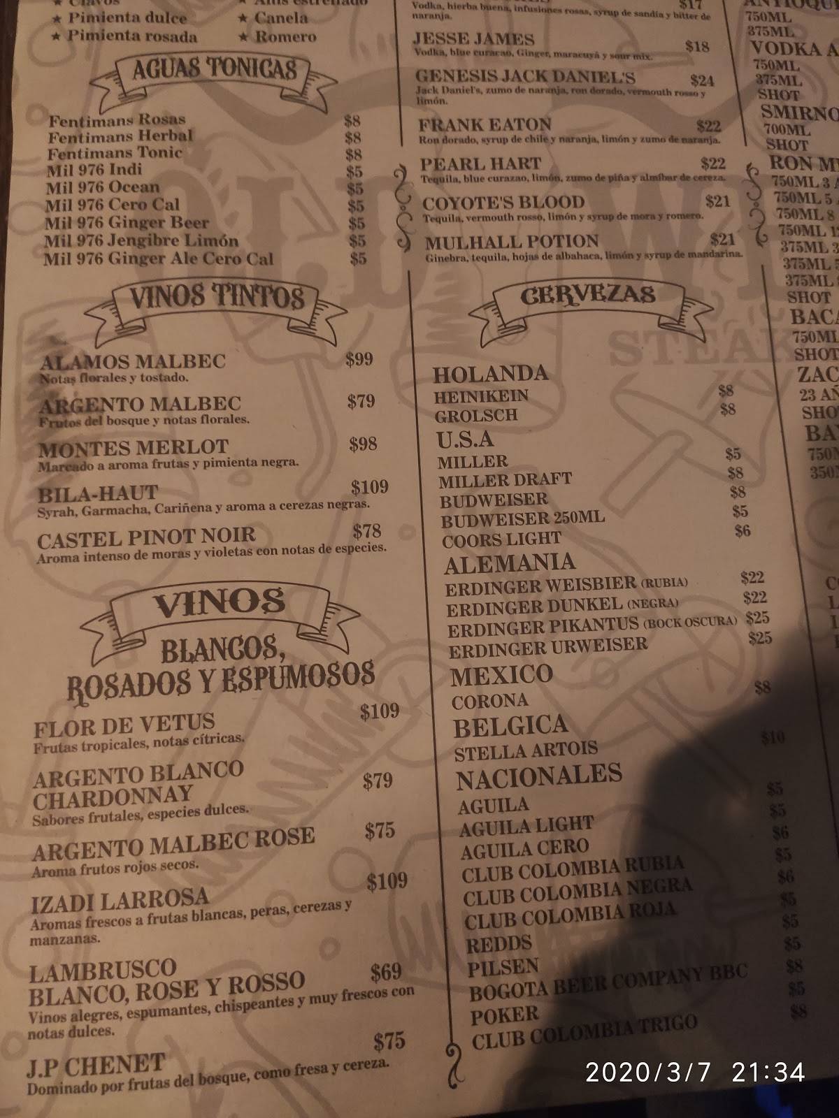 Carta del restaurante Old West Steak House (Caobos), Cúcuta