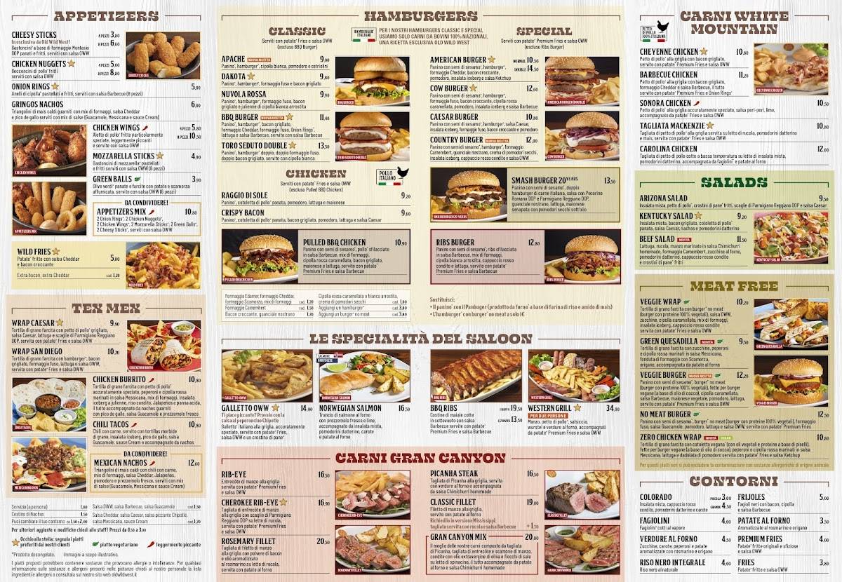 Carta del restaurante Old Wild West, Sassuolo