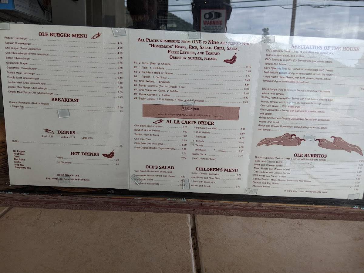Menu at Ole Taco restaurant, Ruidoso