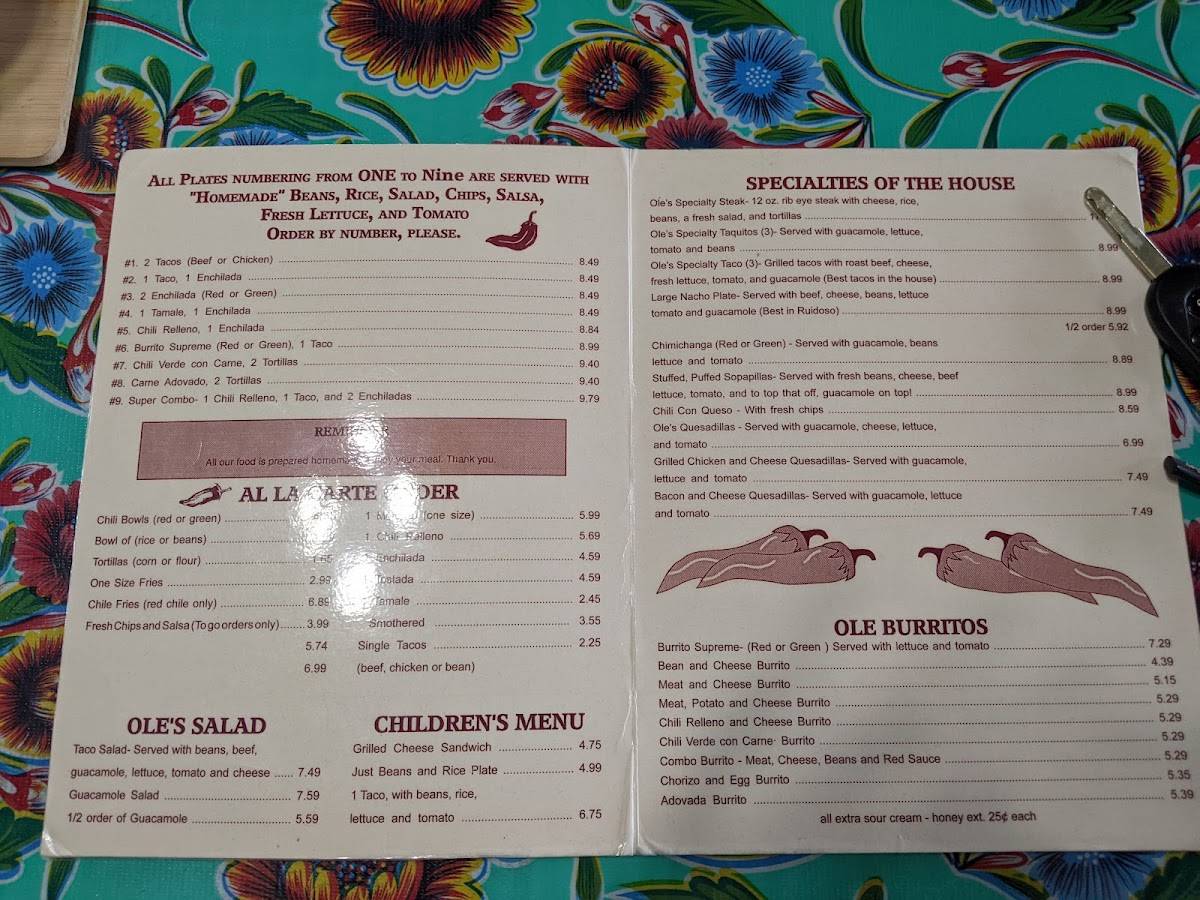 Menu at Ole Taco restaurant, Ruidoso