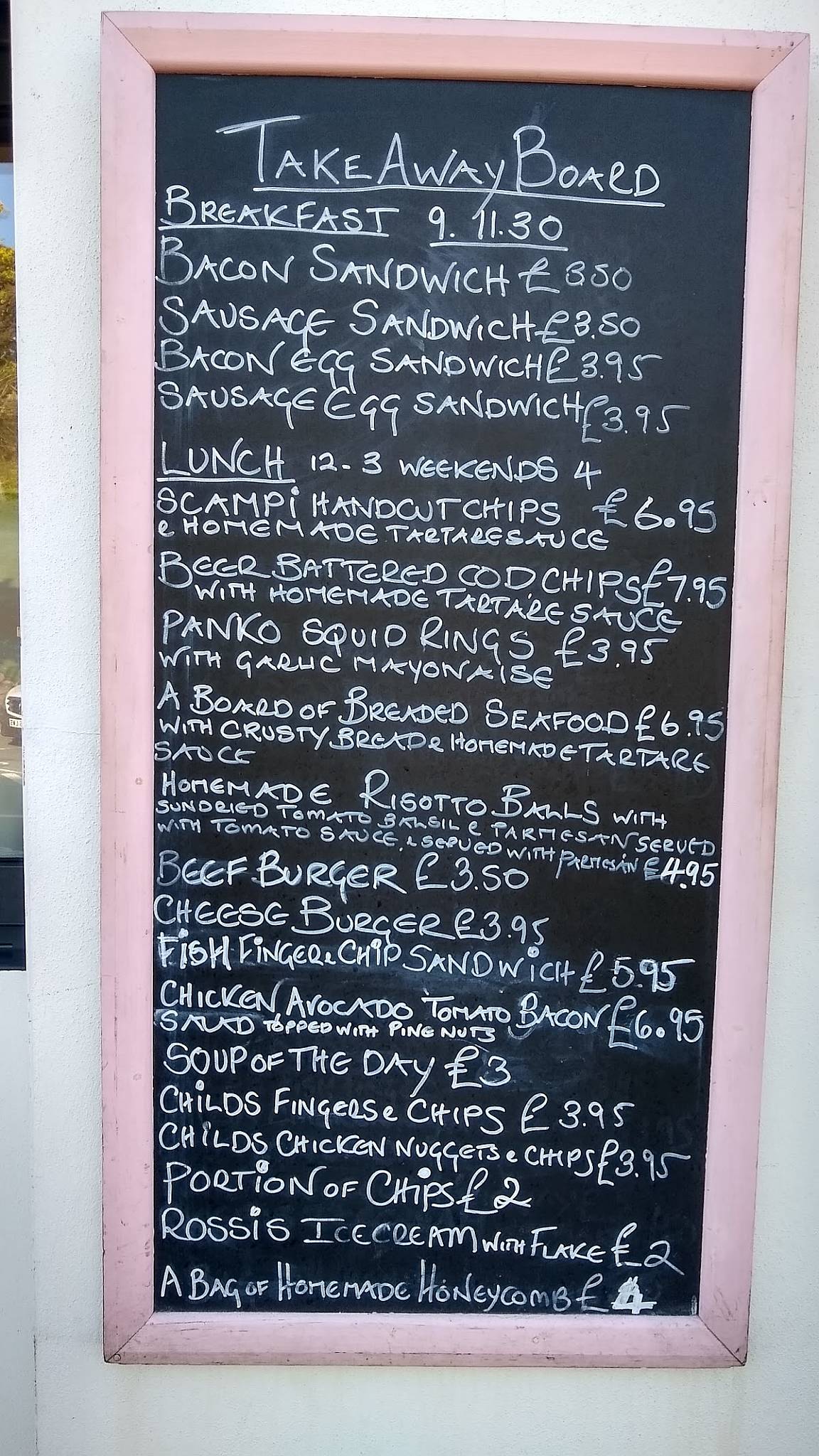 Menu at Oliver's on the Beach cafe, Southend-on-Sea